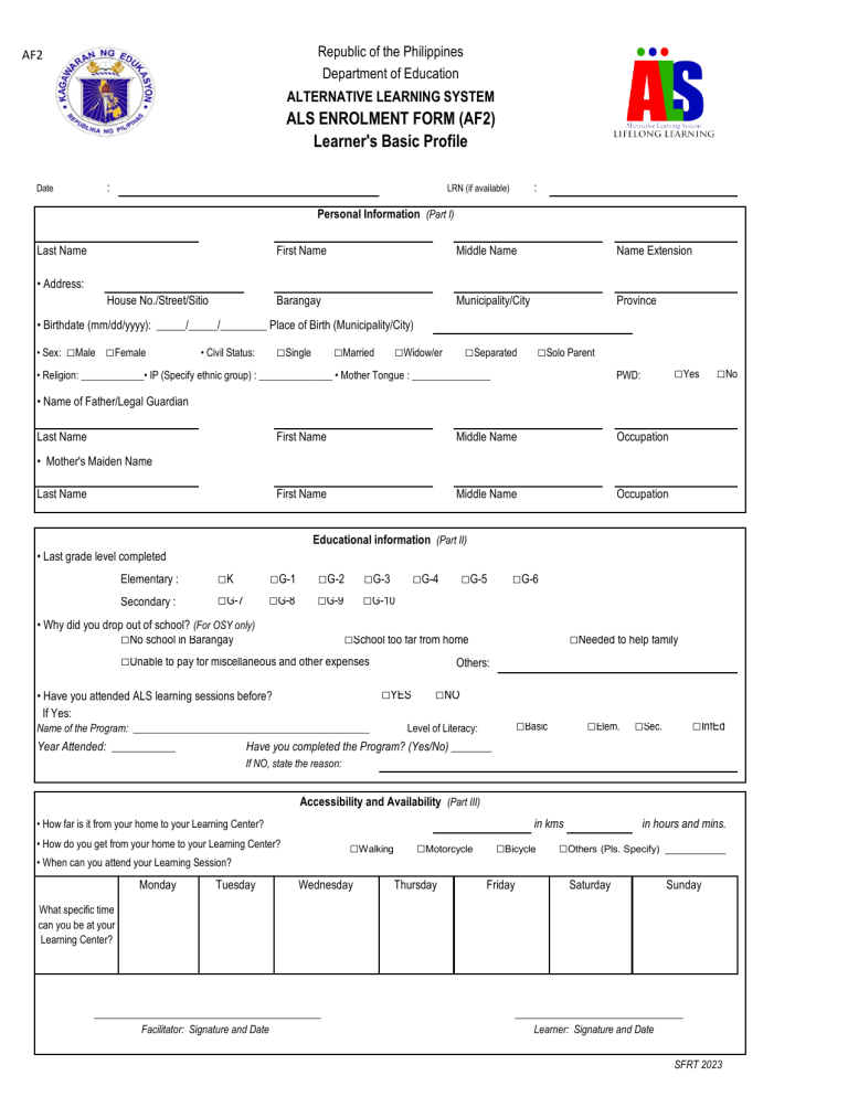 ALS Enrollment Form - Learner's Basic Profile