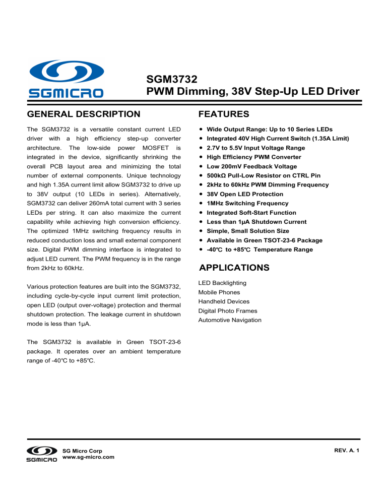 SGM3732 LED Driver: PWM Dimming, 38V Step-Up
