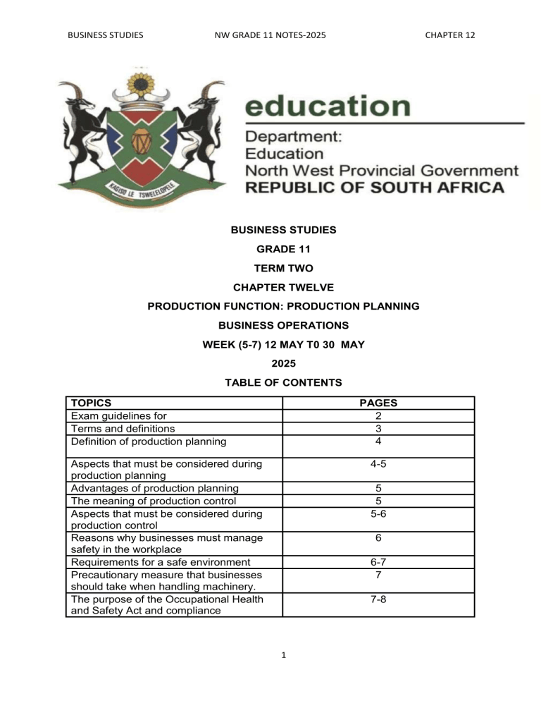 Business Studies Grade 11: Production Planning & Control Notes 2025