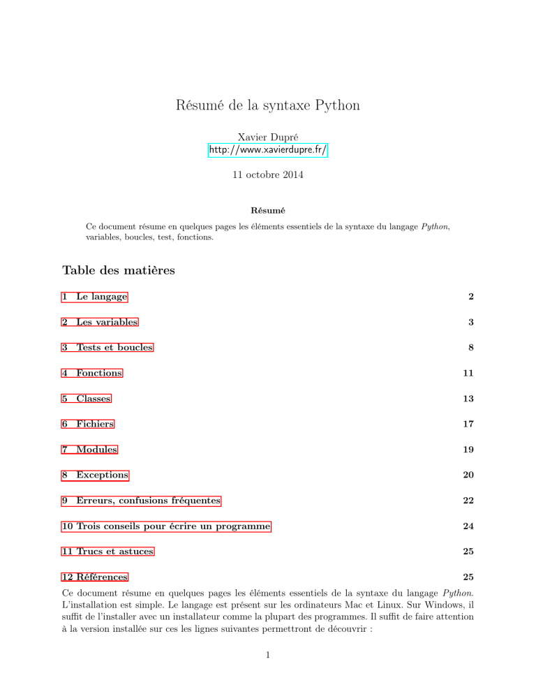 Résumé de la syntaxe Python : Variables, Boucles, Fonctions