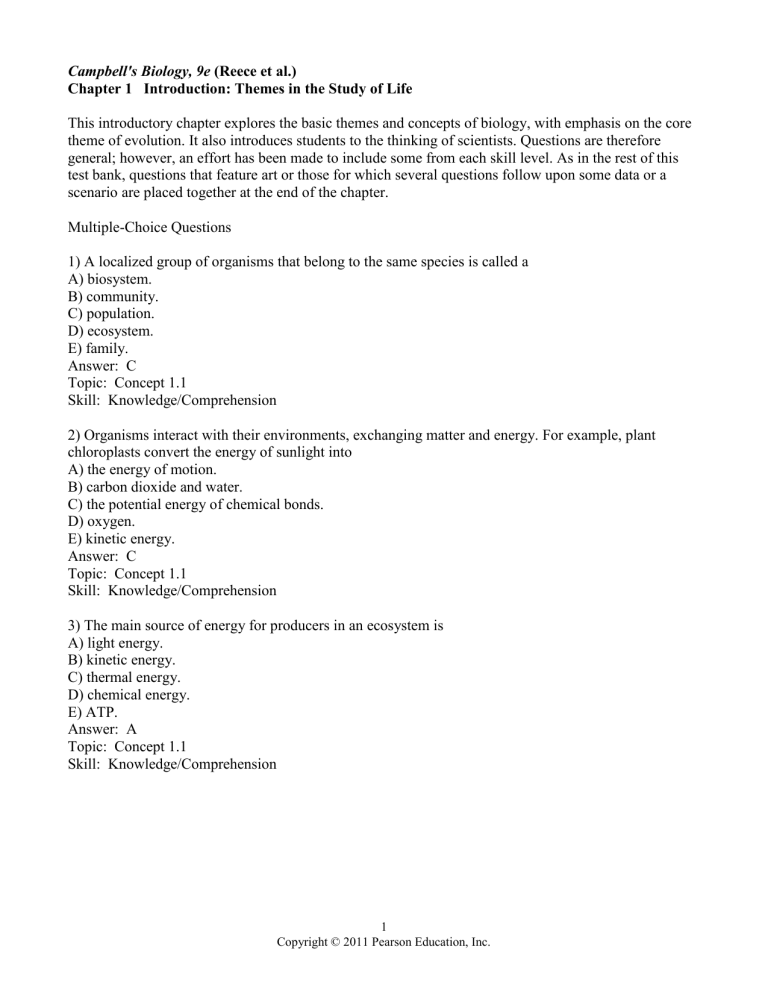 Campbell's Biology: Intro to Life - Test Bank