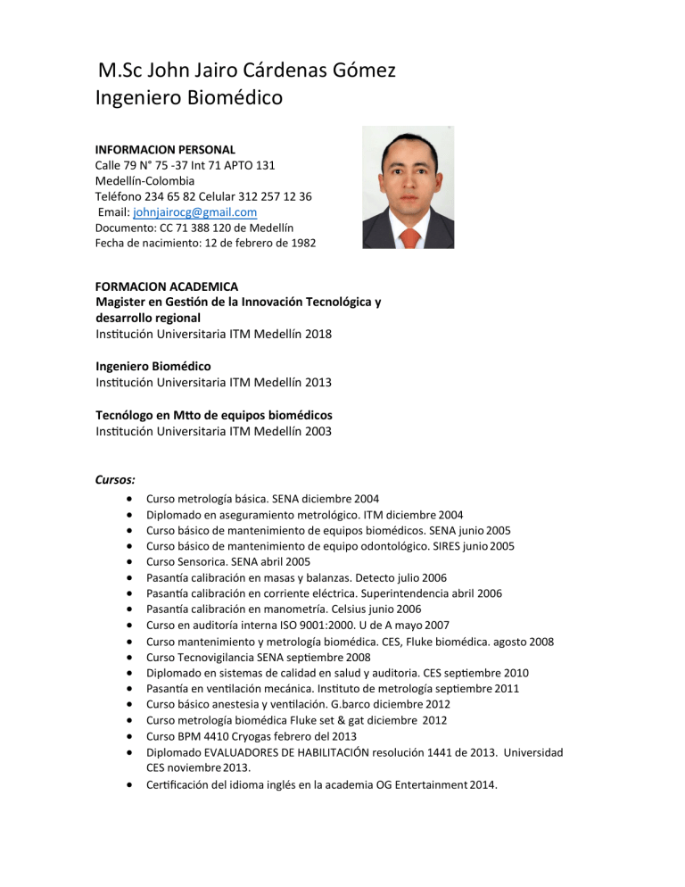 John Jairo Cárdenas Gómez - CV Ingeniero Biomédico