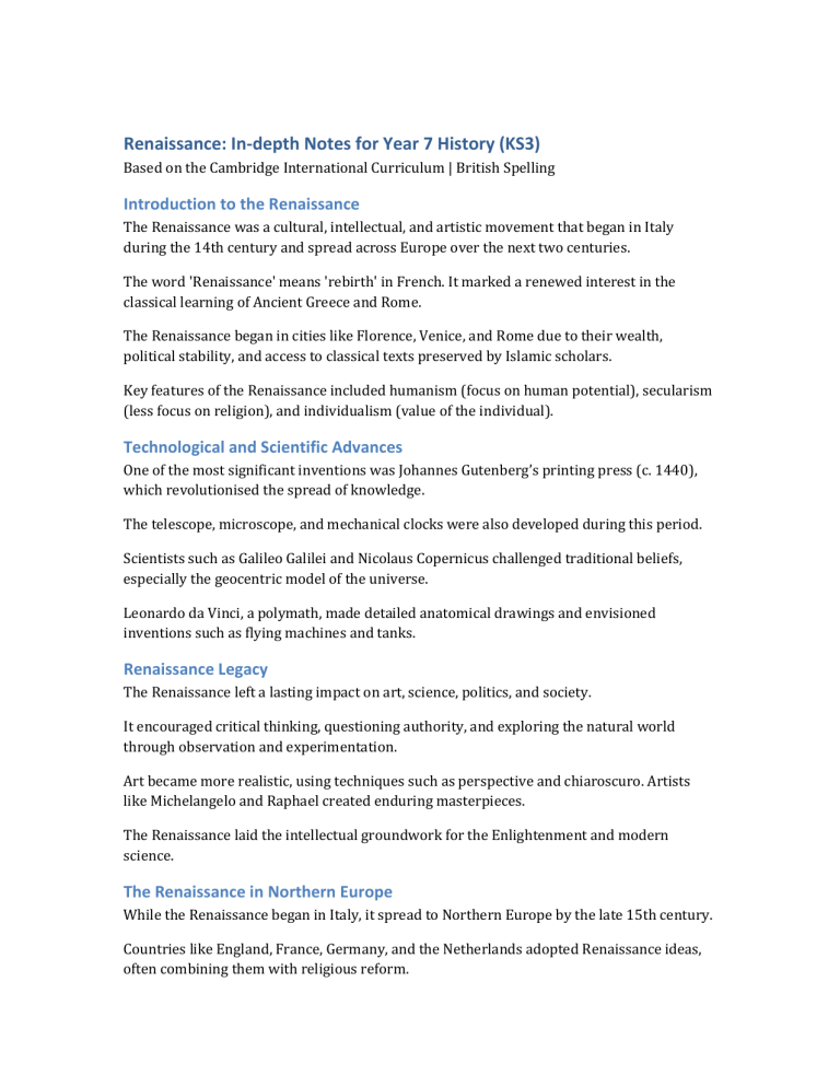 Renaissance Notes: Year 7 History (KS3) - Cambridge Curriculum