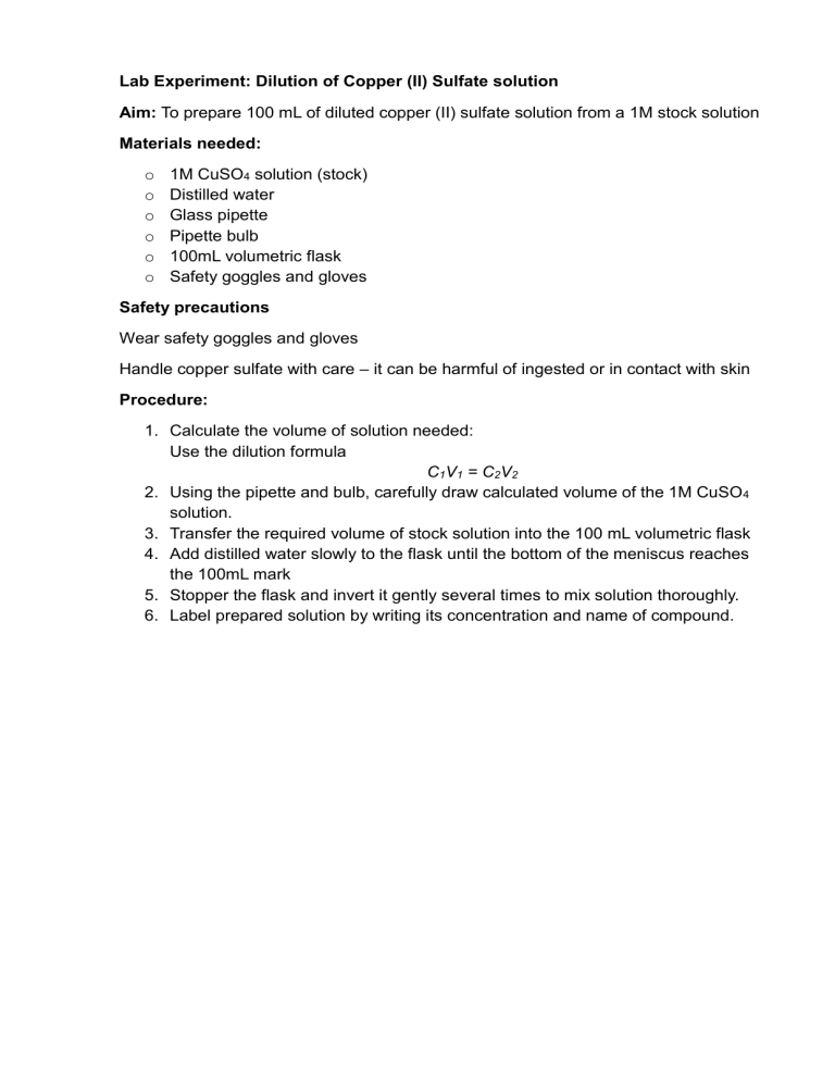 Copper Sulfate Dilution Lab Experiment
