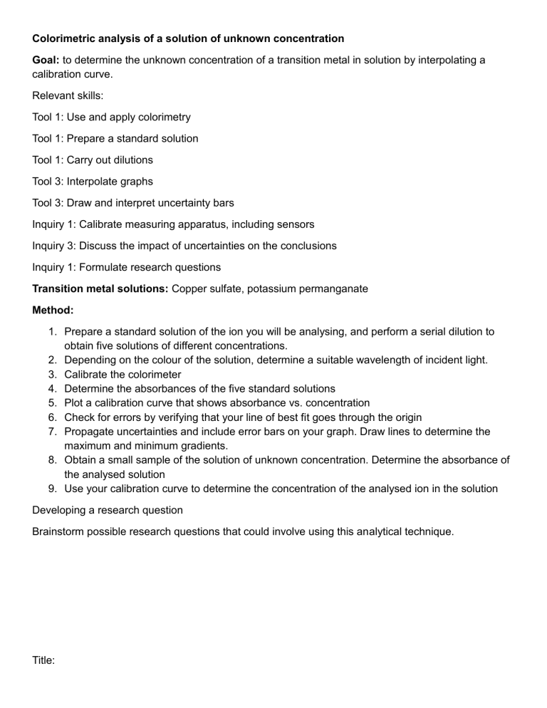 Colorimetric Analysis Lab: Unknown Concentration