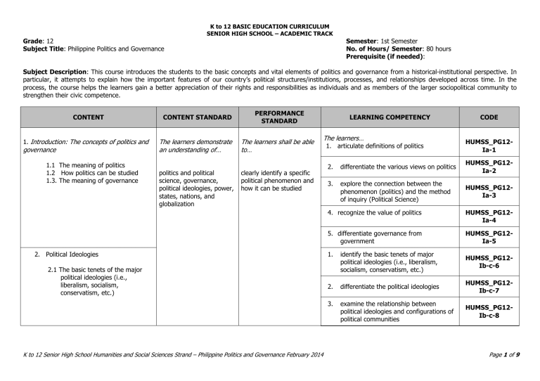 Philippine Politics & Governance Curriculum Guide (Grade 12)
