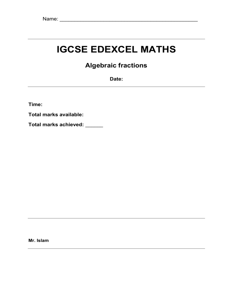 Igcse Maths Algebraic Fractions Worksheet