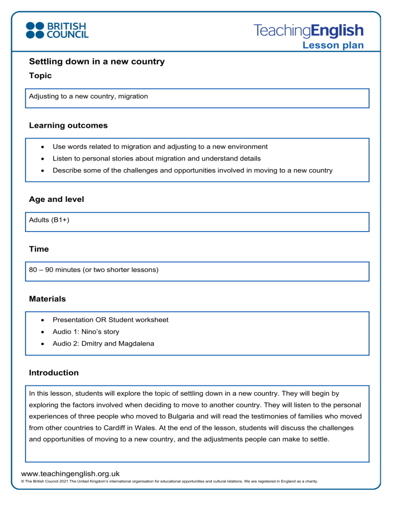 Settling Down in a New Country: Lesson Plan (B1+)