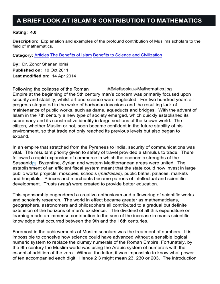 Islam's Contribution to Mathematics: A Brief Look