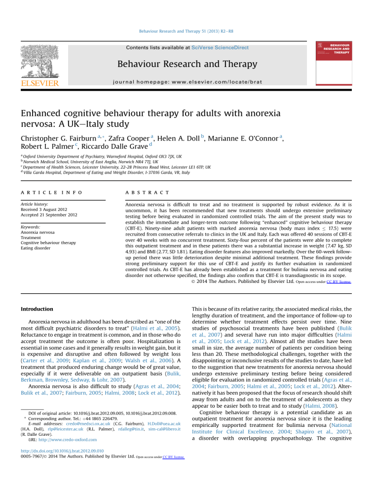 CBT-E for Anorexia Nervosa: A UK-Italy Study
