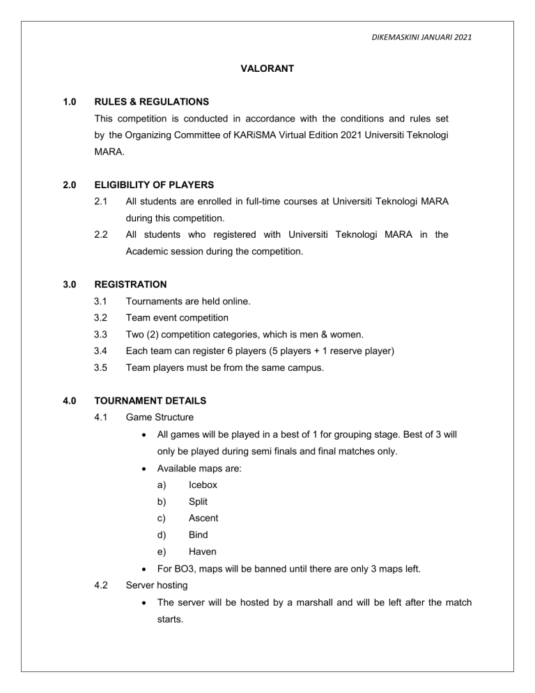 VALORANT Tournament Rules & Regulations - KARiSMA 2021