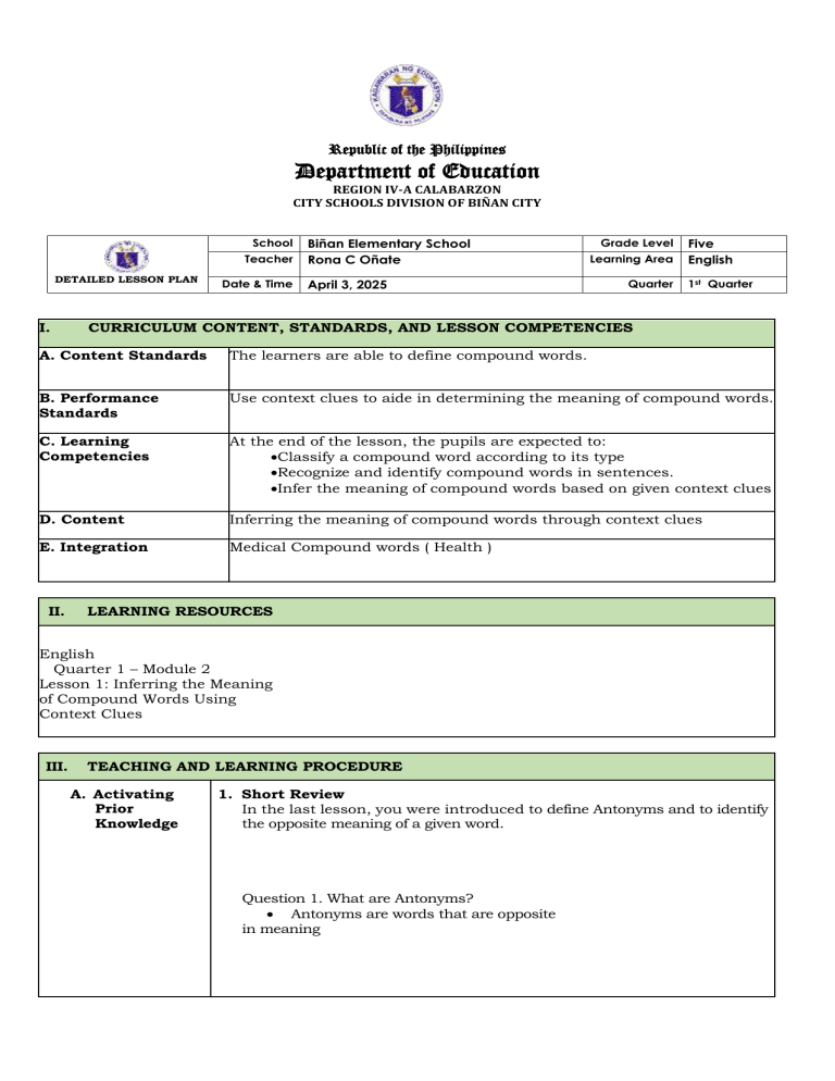 Grade 5 English Lesson Plan: Inferring Compound Words with Context Clues