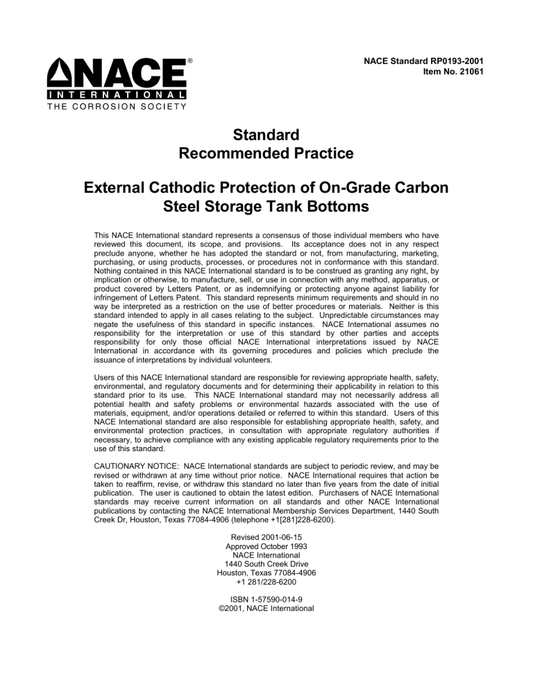 Cathodic Protection of Steel Storage Tank Bottoms | NACE RP0193