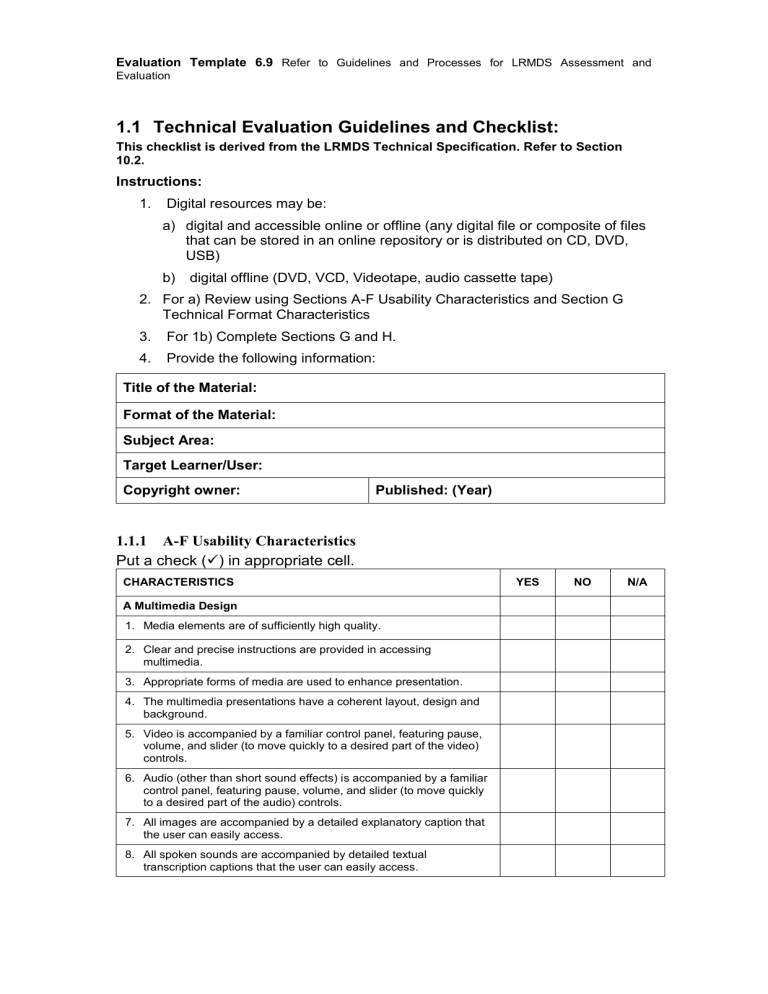 LRMDS Technical Evaluation Checklist