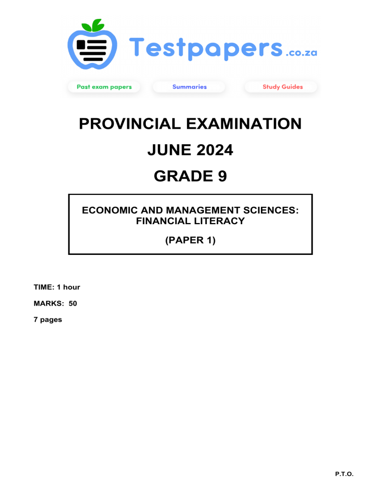 Grade 9 Financial Literacy Exam Paper - June 2024