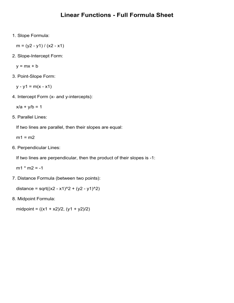 Linear Functions Formula Sheet: Slope, Intercept, Distance