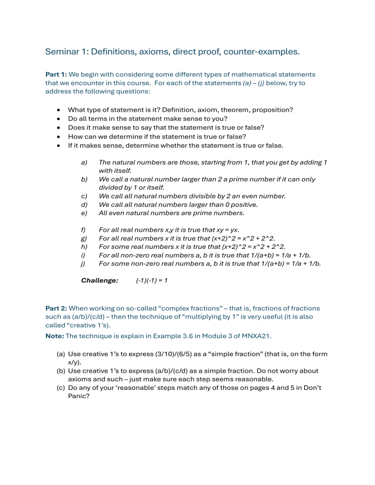 Seminar Notes: Definitions, Axioms, Proofs, Counter-Examples
