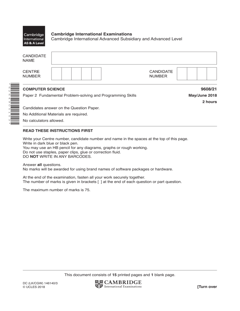 Computer Science Exam Paper: Problem-Solving & Programming