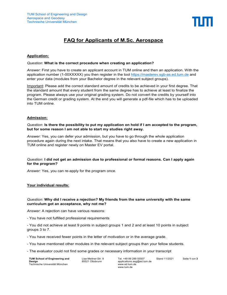 TUM Aerospace M.Sc. Application FAQ