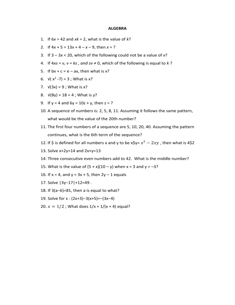 Algebra Worksheet: Equations, Sequences, and More