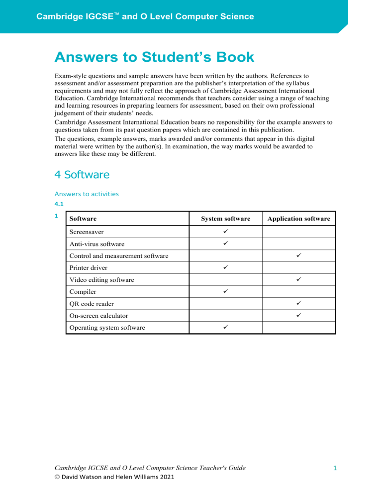 Computer Science: Software Answers - IGCSE/O Level