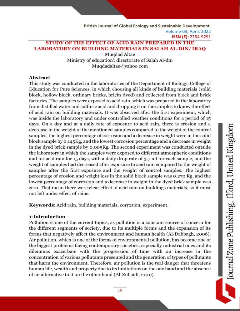 Acid Rain Impact on Building Materials: A Lab Study in Iraq