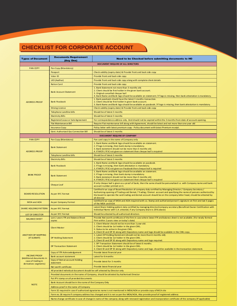 Corporate Account Document Checklist