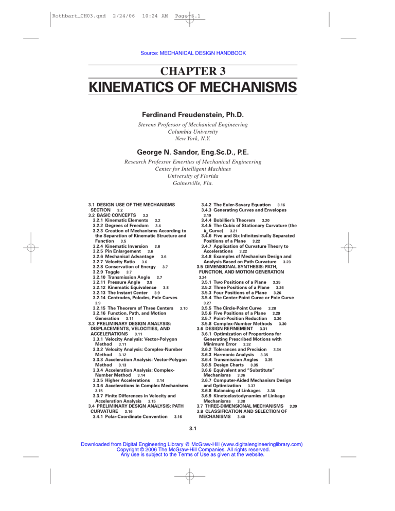 Kinematics of Mechanisms: Design Handbook Chapter