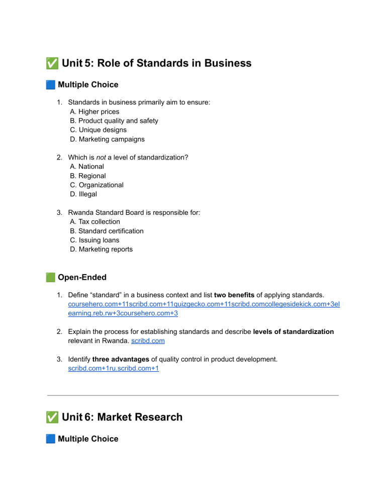 Business Exam Questions: Standards, Market Research, Finance