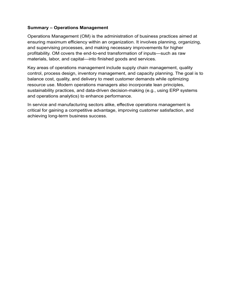 Operations Management Summary: Key Concepts & Principles