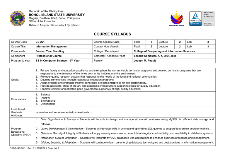 Information Management (MySQL) Course Syllabus