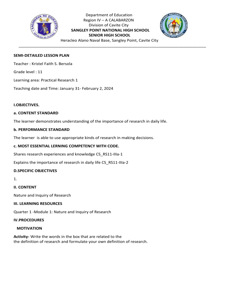 Practical Research 1 Lesson Plan: Nature & Inquiry of Research