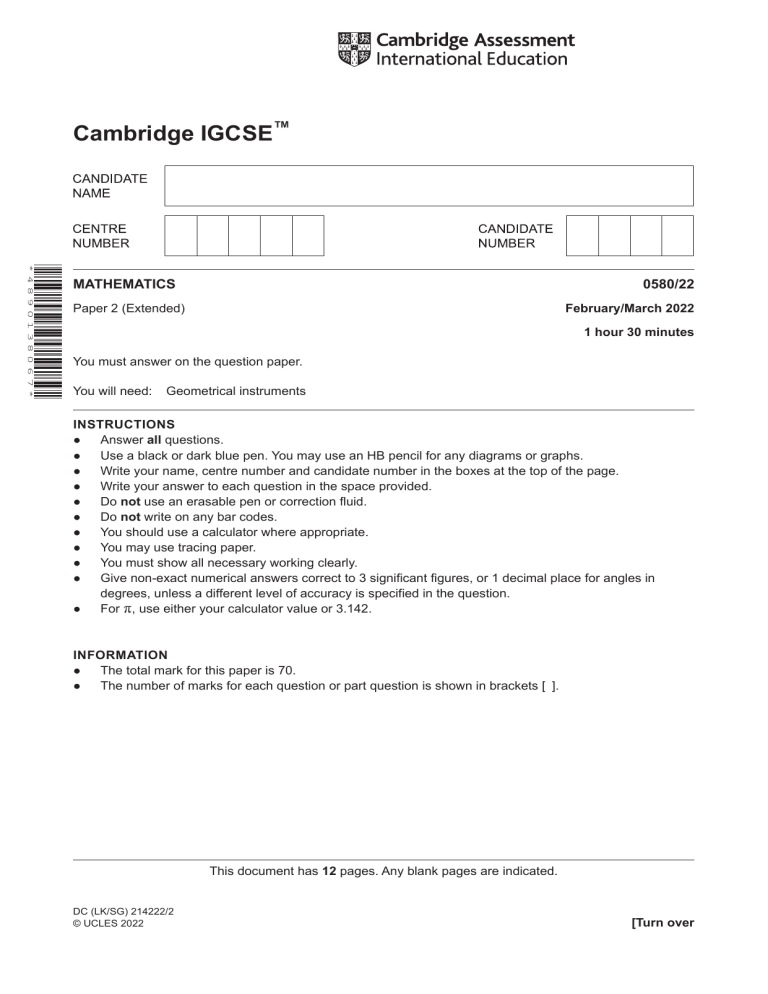 Cambridge IGCSE Mathematics 0580/22 Paper 2 Extended Exam 2022