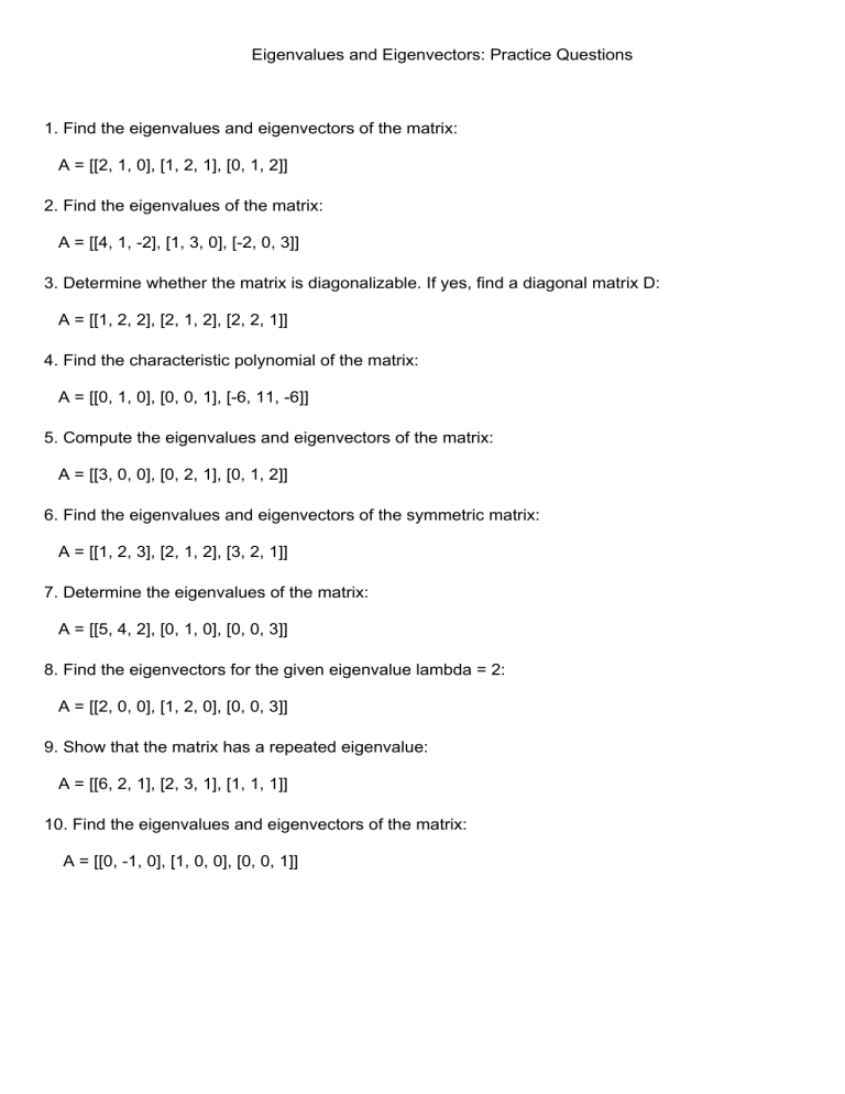 Eigenvalues And Eigenvectors Practice Questions For Linear Algebra