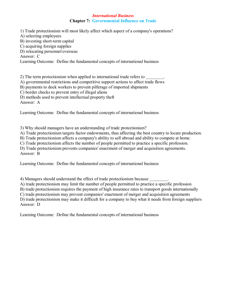 International Business: Trade Protectionism Test Questions