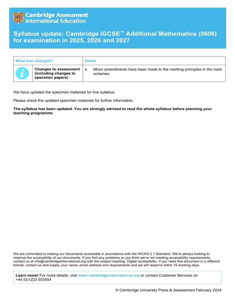 IGCSE Additional Mathematics (0606) Syllabus Update 2025-2027