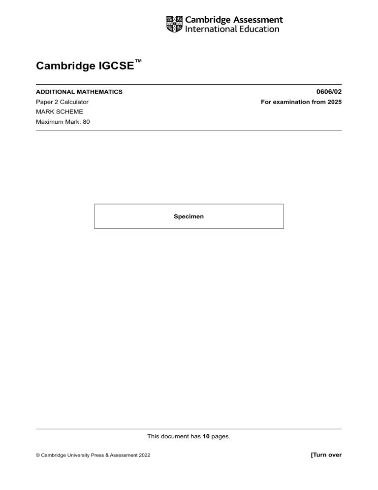 IGCSE Additional Maths 0606/02 Mark Scheme