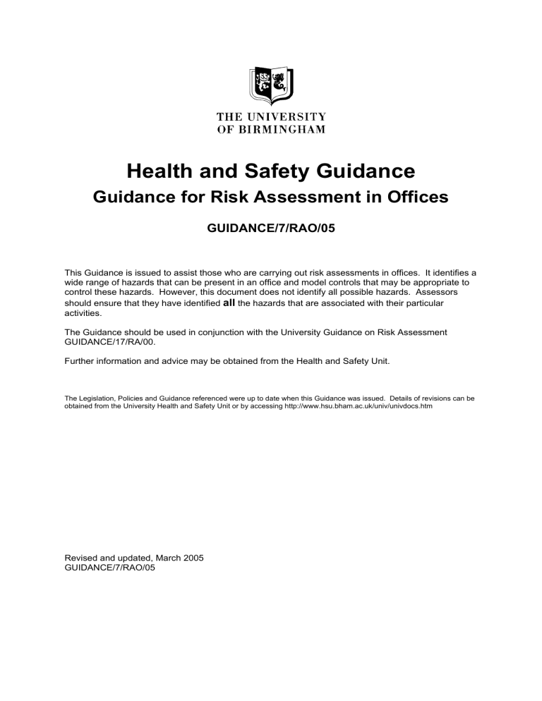 Health & Safety Guidance: Office Risk Assessment - University of Birmingham