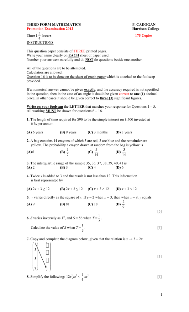 Third Form Mathematics Exam Paper - Harrison College