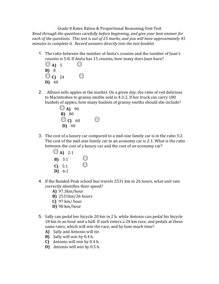 Grade 8 Rates, Ratios & Proportional Reasoning Test