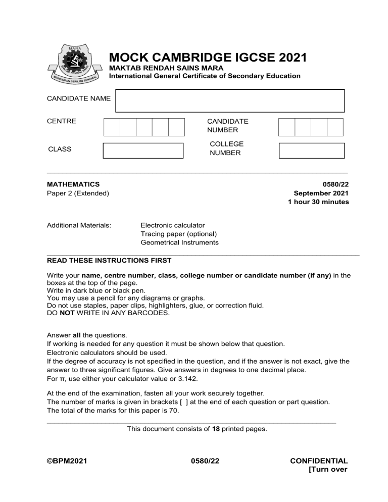 IGCSE Mathematics Paper 2 (Extended) Mock Exam