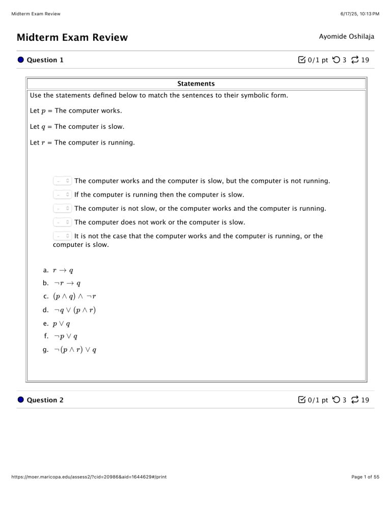 Midterm Exam Review: Logic & Discrete Mathematics