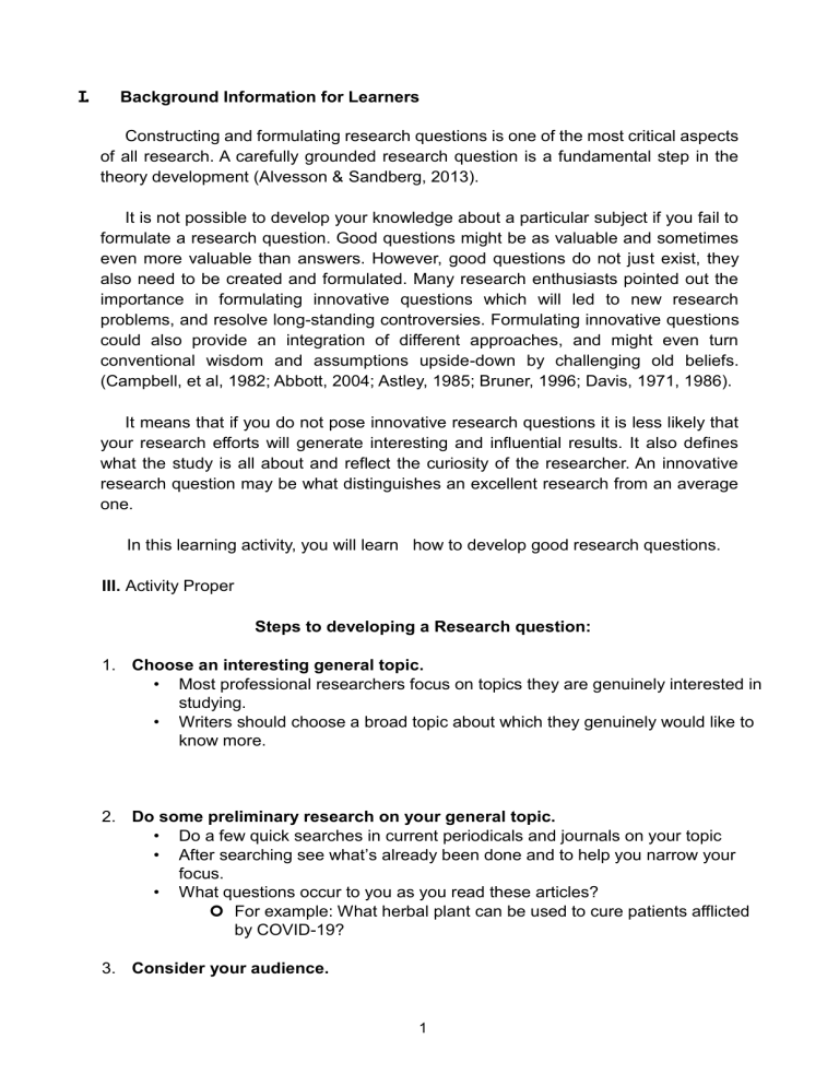 Developing Research Questions: A Learning Activity