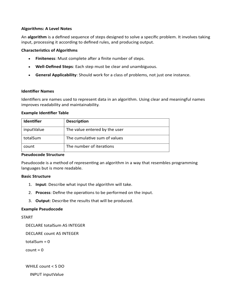Algorithms A Level Notes Computer Science
