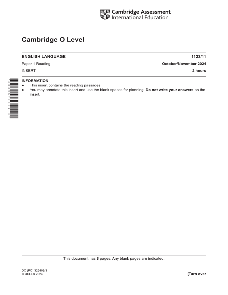 Cambridge O Level English Language Paper 1 Reading Insert