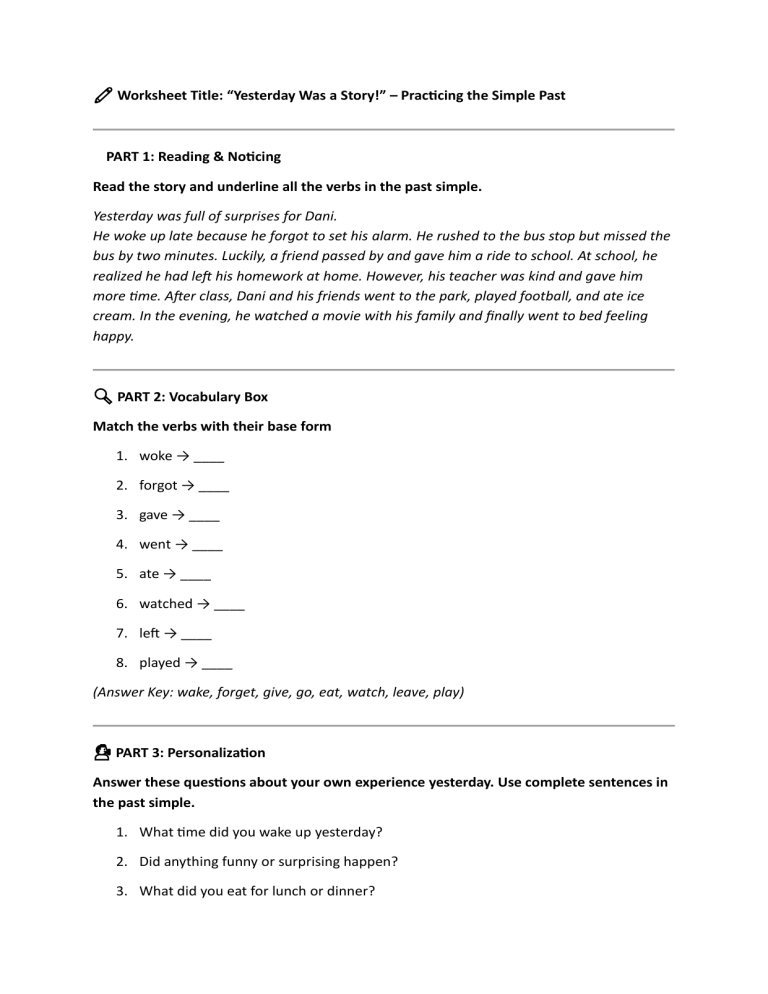 Simple Past Tense Worksheet: Yesterday's Story
