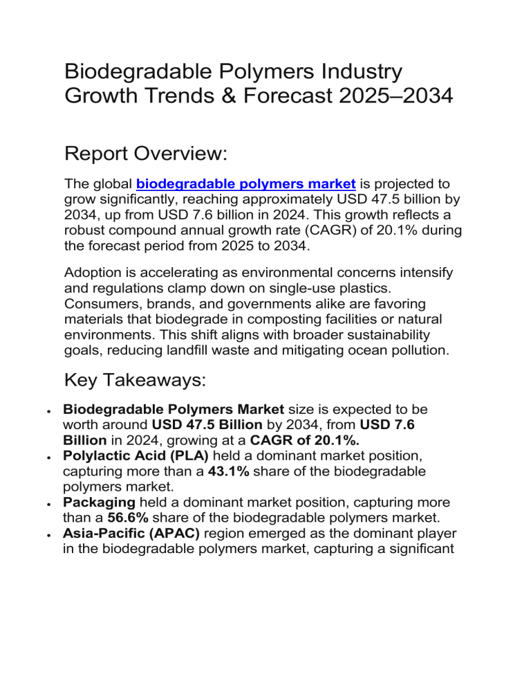 Biodegradable Polymers Market: Growth, Trends & Forecast 2025-2034