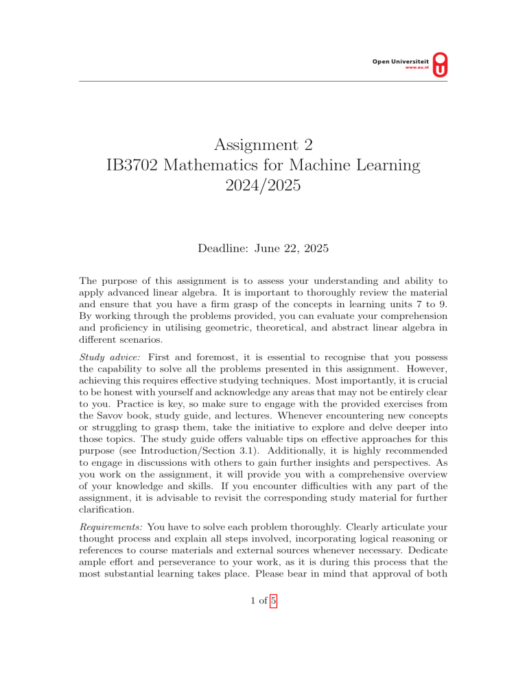 Linear Algebra Assignment: IB3702 Mathematics for Machine Learning
