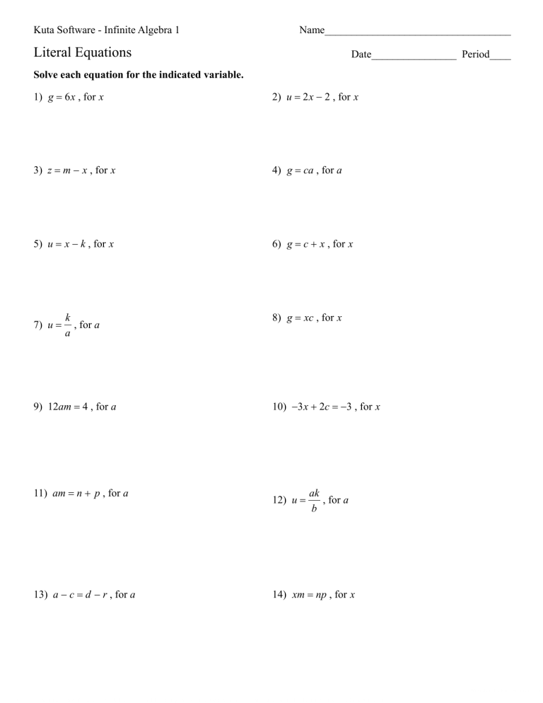 Literal Equations Worksheet - Algebra 1 Practice
