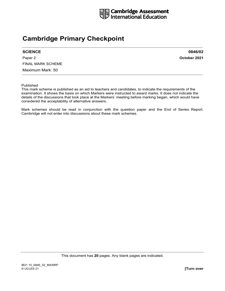 Cambridge Primary Checkpoint Science 0846/02 Mark Scheme October 2021